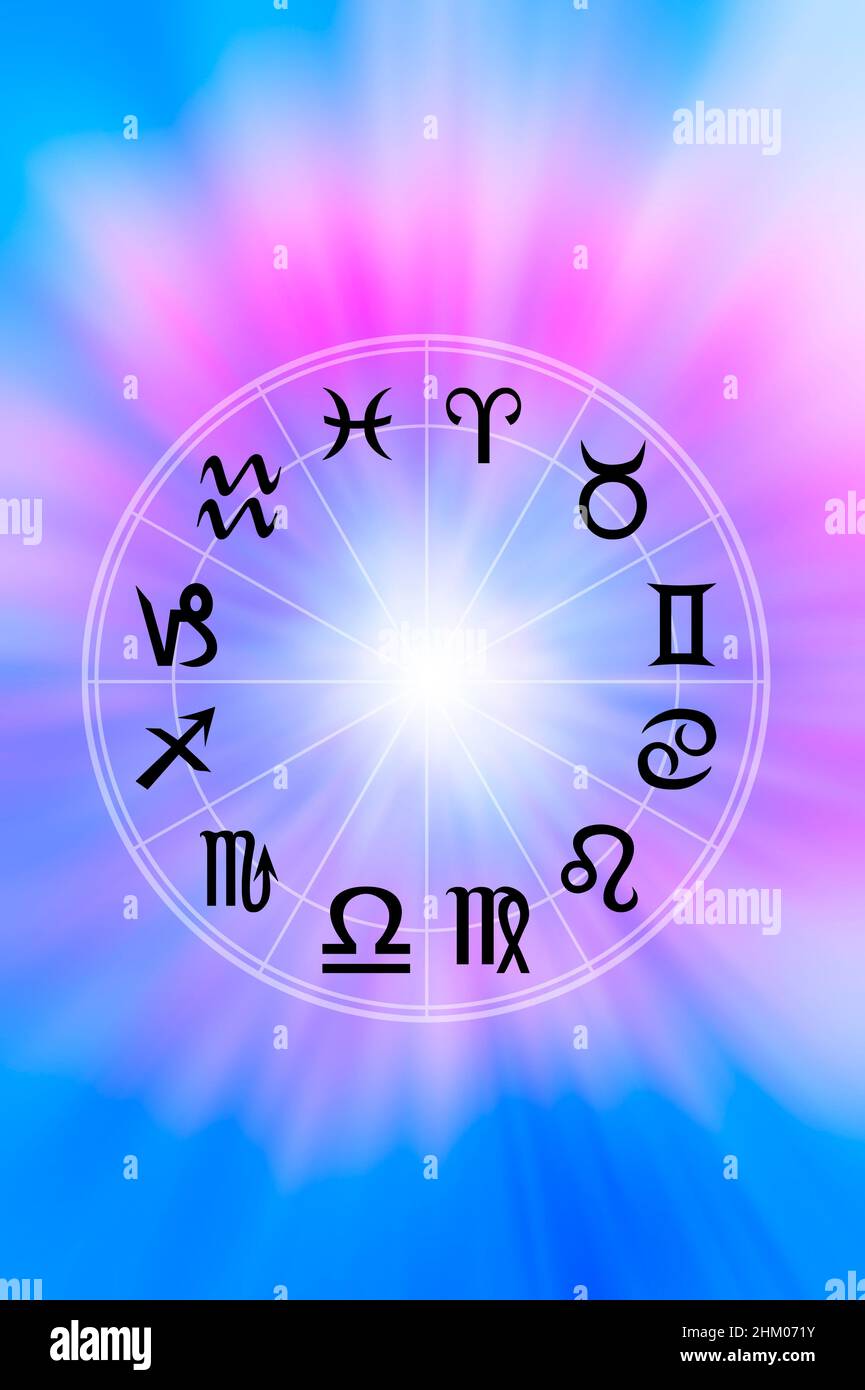 astrology wheel with all the sign of the zodiac Stock Photo - Alamy