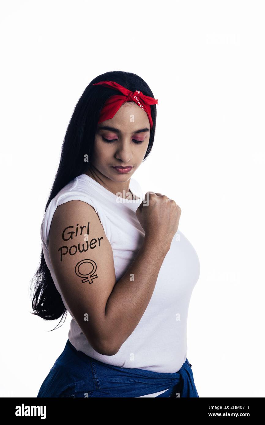 feminist woman showing her arm, girl power phrase, on white background ...