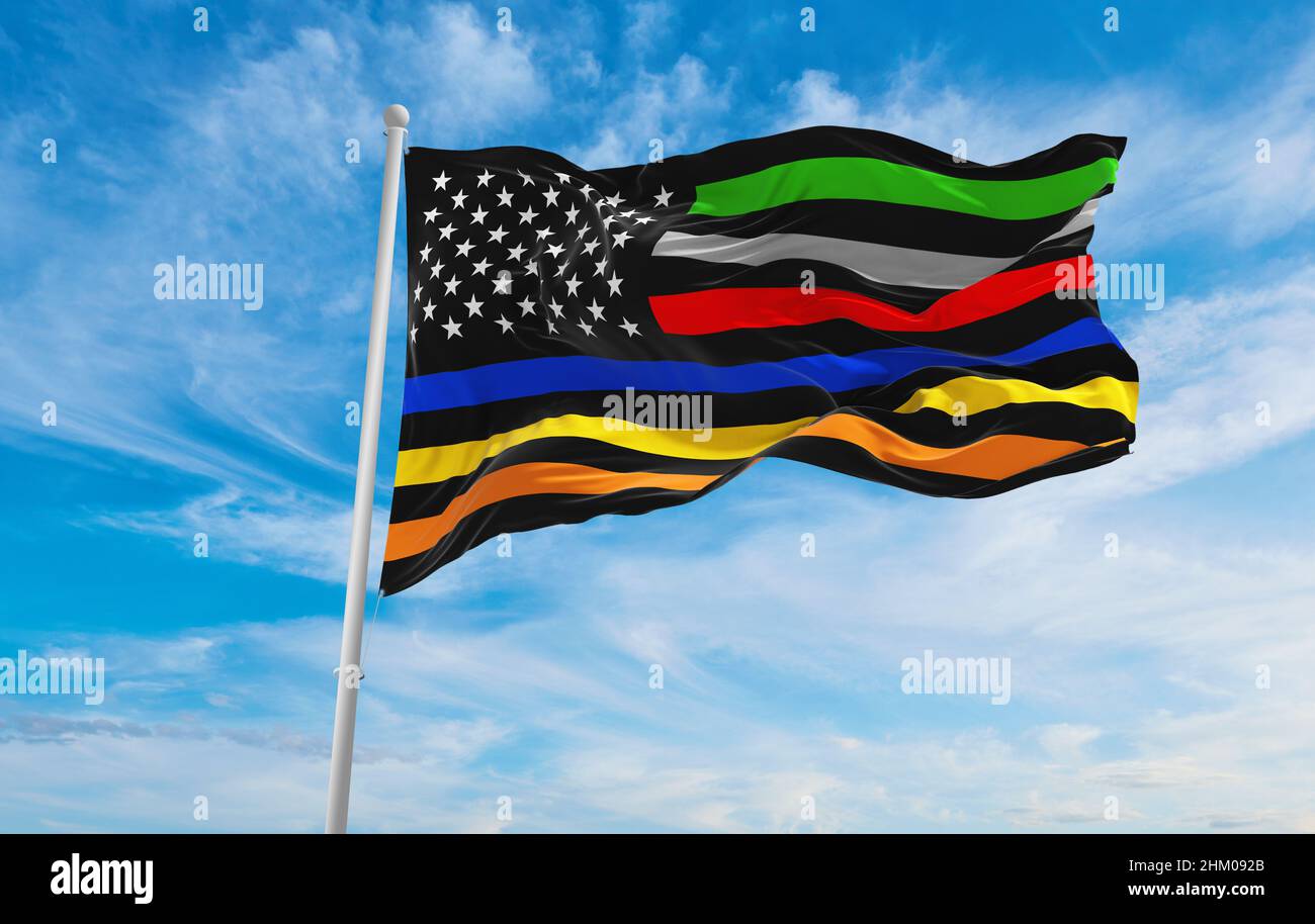 Thin Line First Responder flag waving at cloudy sky background on ...