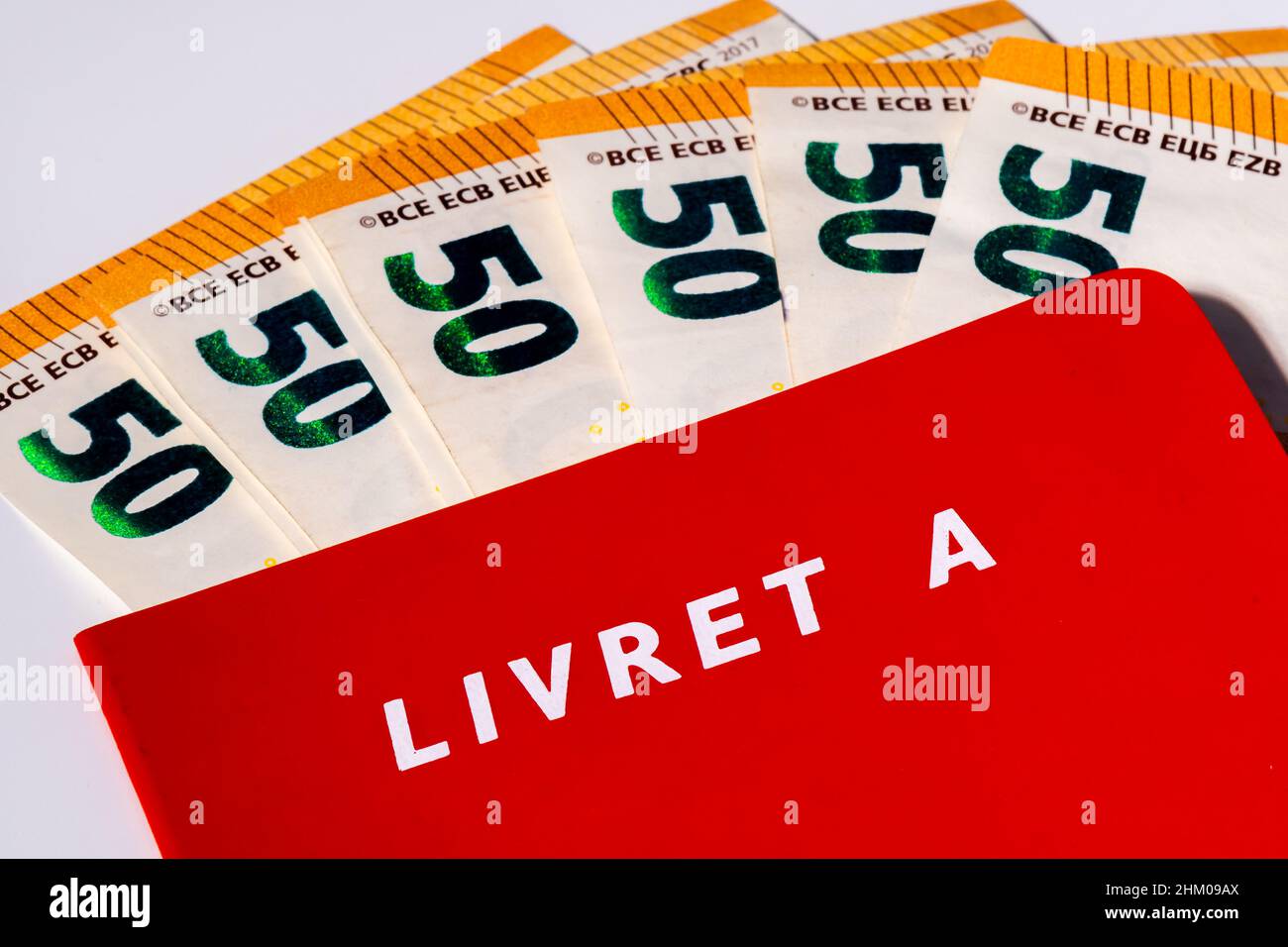 Close-up of a Livret A with several 50 euro notes. The Livret A is a ...