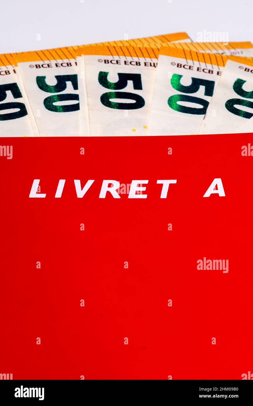 Close-up of a Livret A with several 50 euro notes. The Livret A is a ...