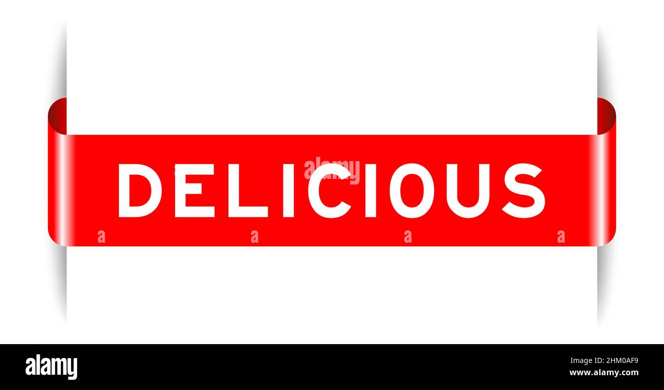 Red color inserted label banner with word delicious on white background ...
