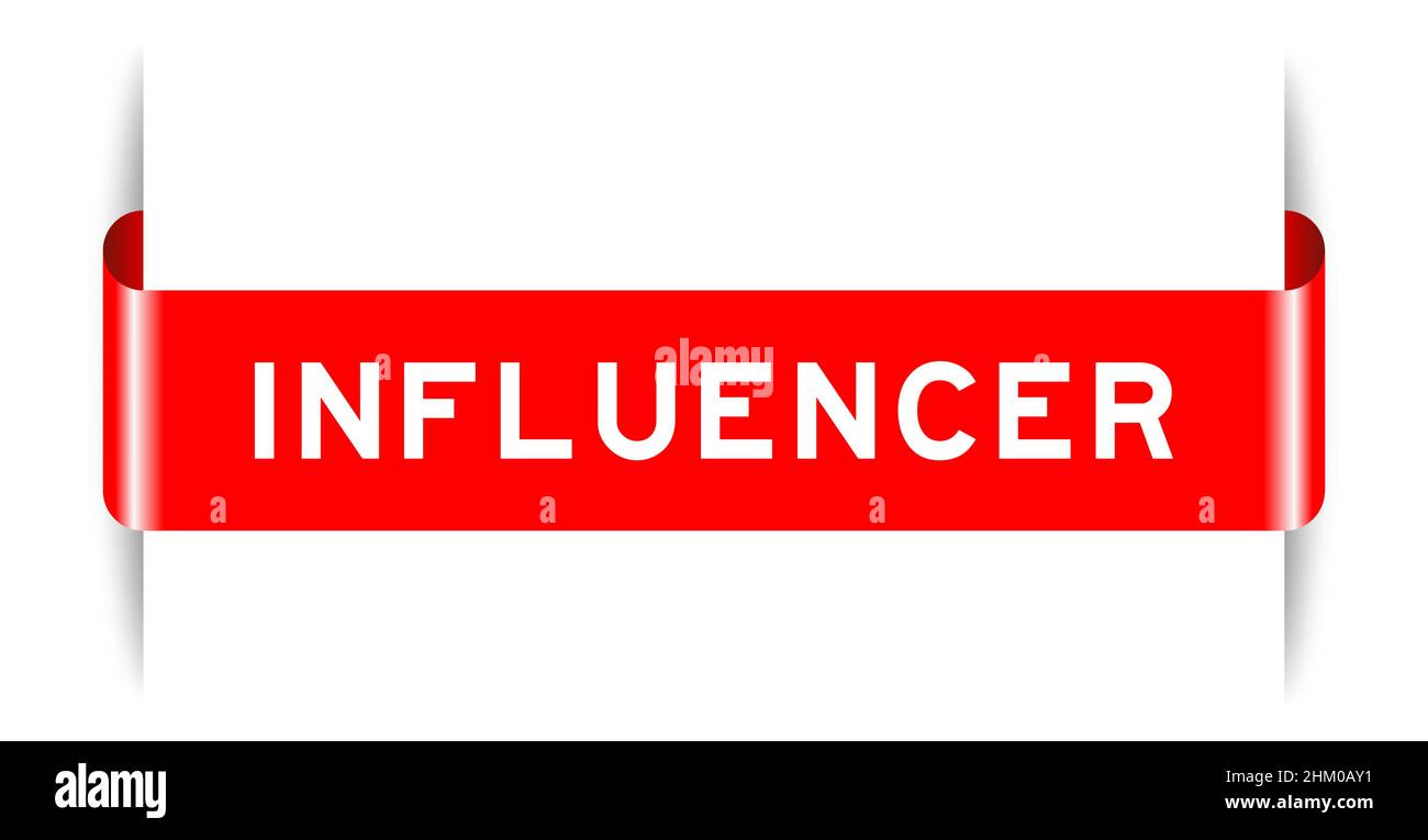 Red color inserted label banner with word influencer on white ...