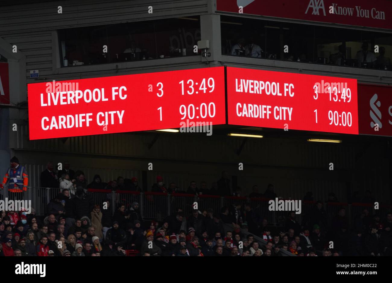 The scoreboard during the Emirates FA Cup fourth round match at Anfield ...