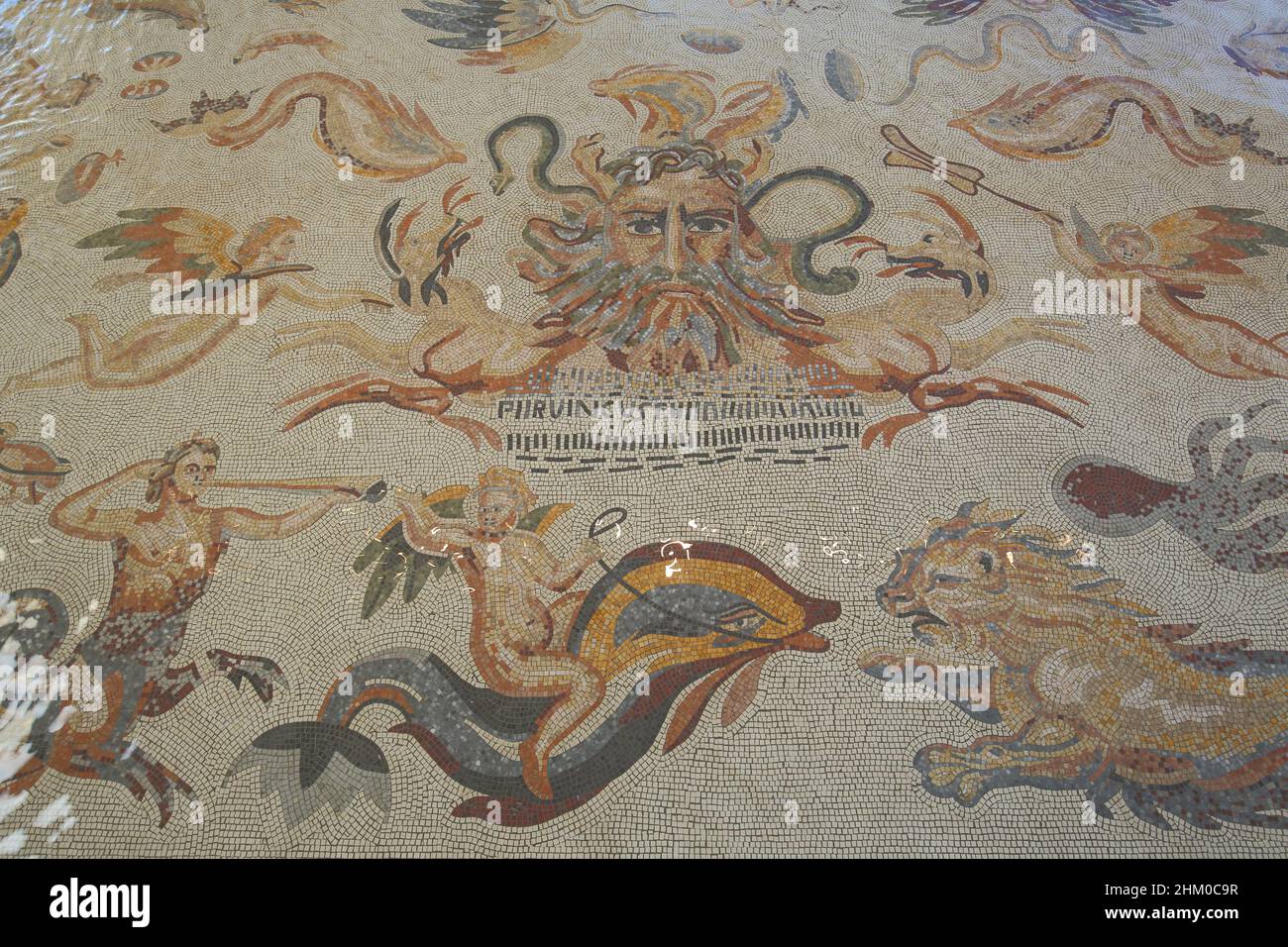 Mythological figures as a floor mosaic in the Roman Mosaic, Bad Vilbel ...