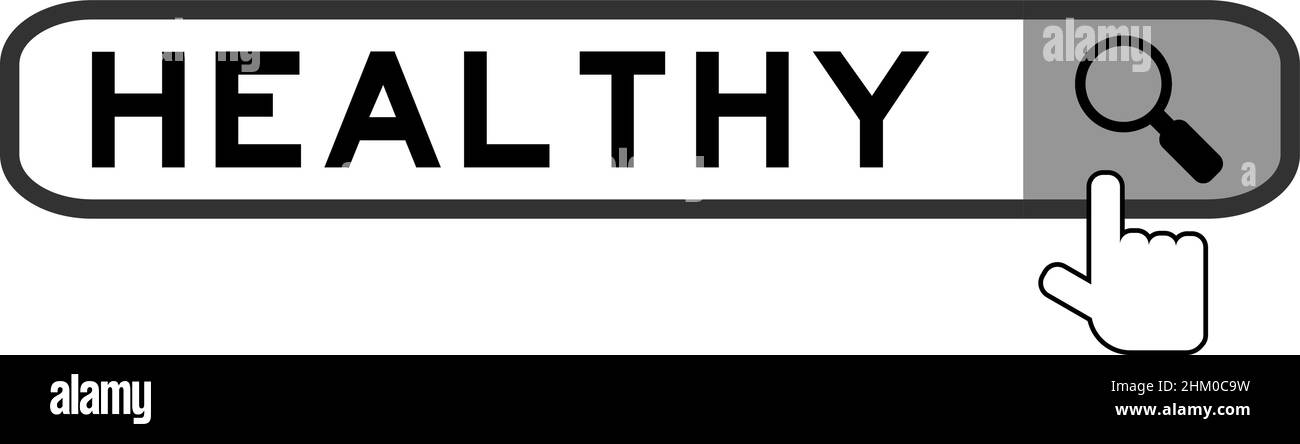 Search banner in word healthy with hand over magnifier icon on white ...