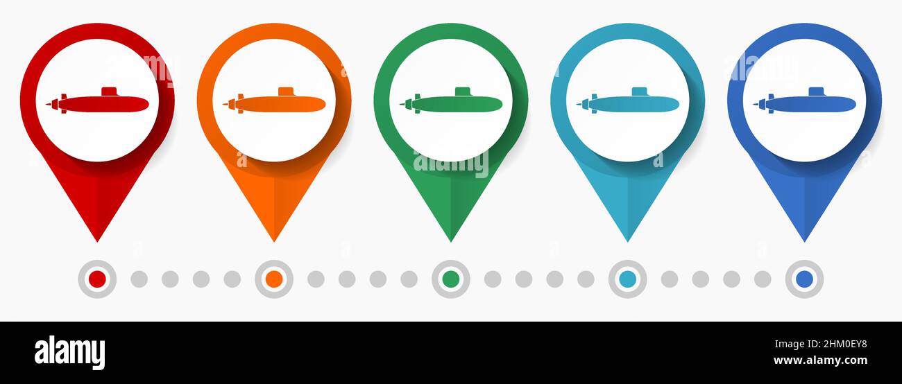 Submarine, army concept vector icon set, flat design pointers ...