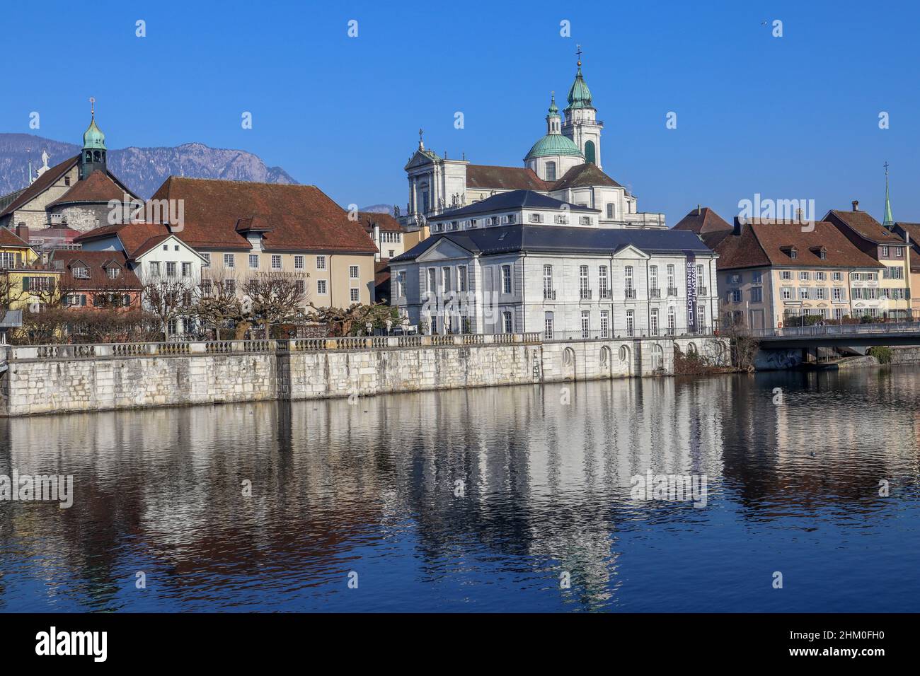 Solothurn, Switzerland, 15. January 2022: View along the Aare River to ...