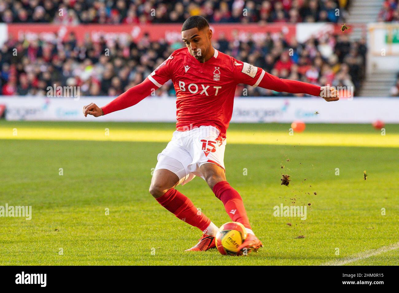Max Lowe #15 of Nottingham Forest crosses the ball Stock Photo - Alamy