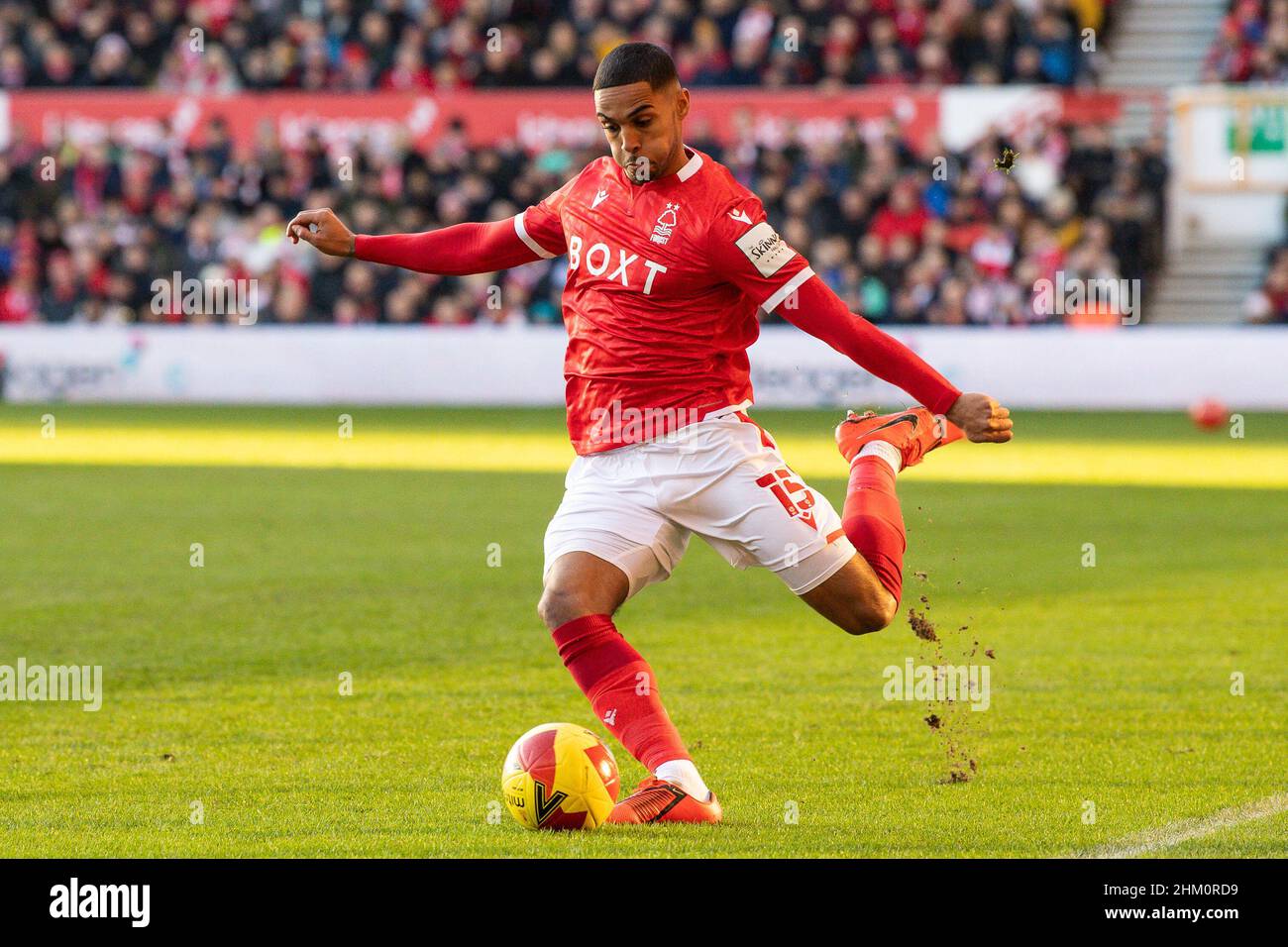 Max Lowe #15 of Nottingham Forest crosses the ball in , on 2/6/2022 ...