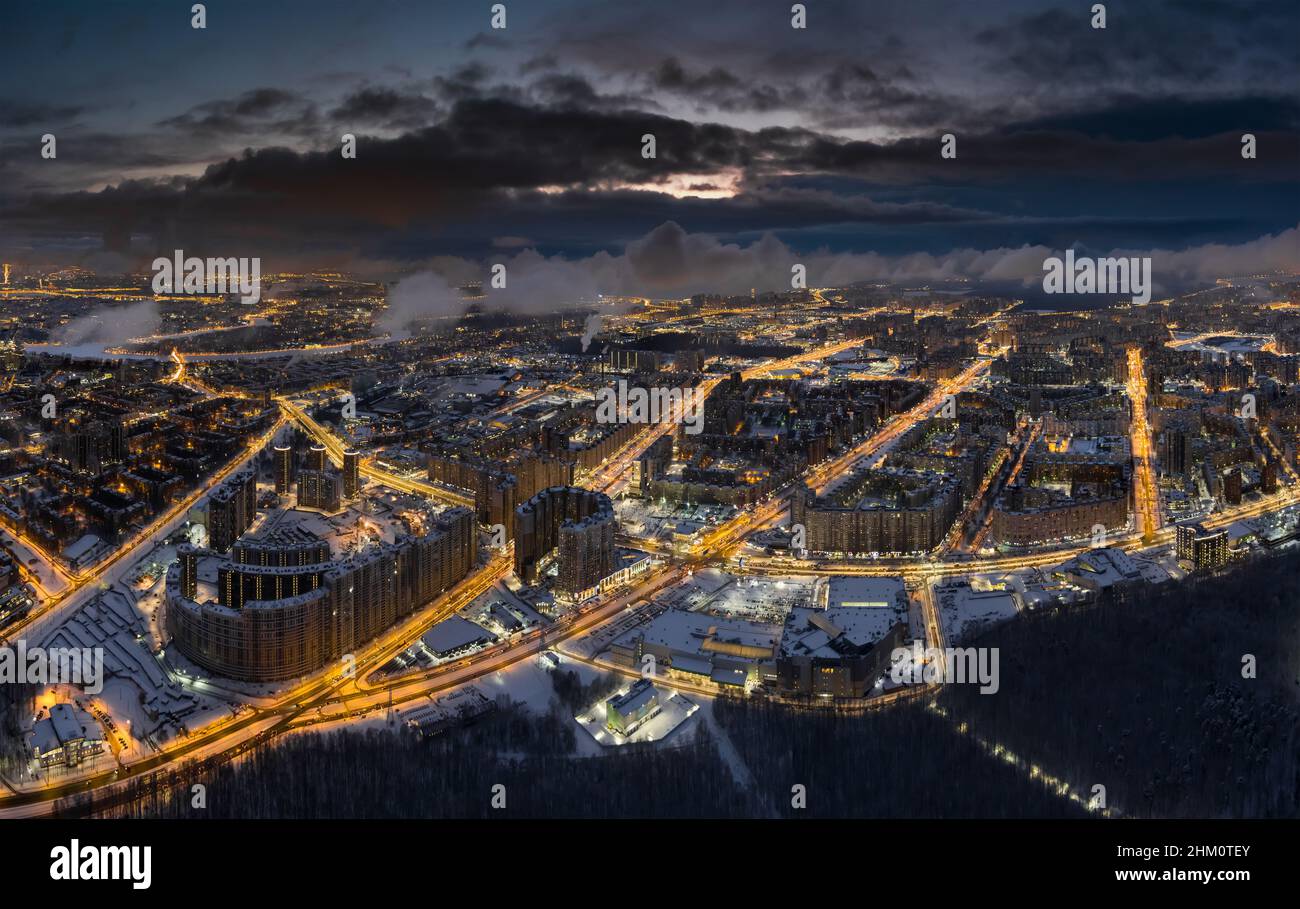 Aerial winter cityscape of St. Petersburg - Russia at dusk, drone flies ...