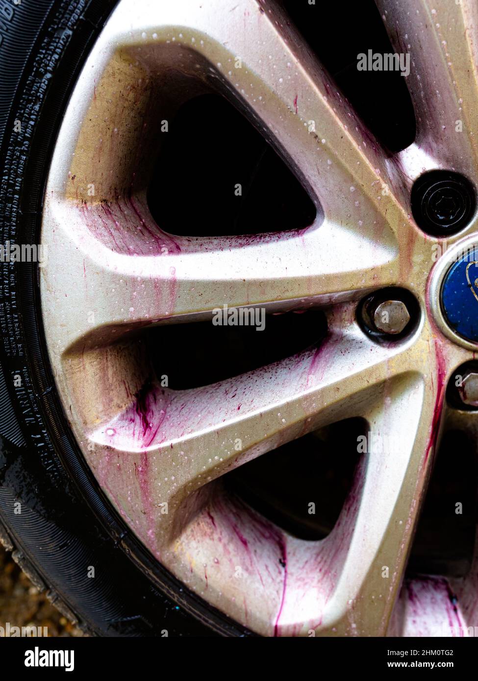 Woodbridge, Suffolk, UK February 24 2021: A closeup of a car wheel ...