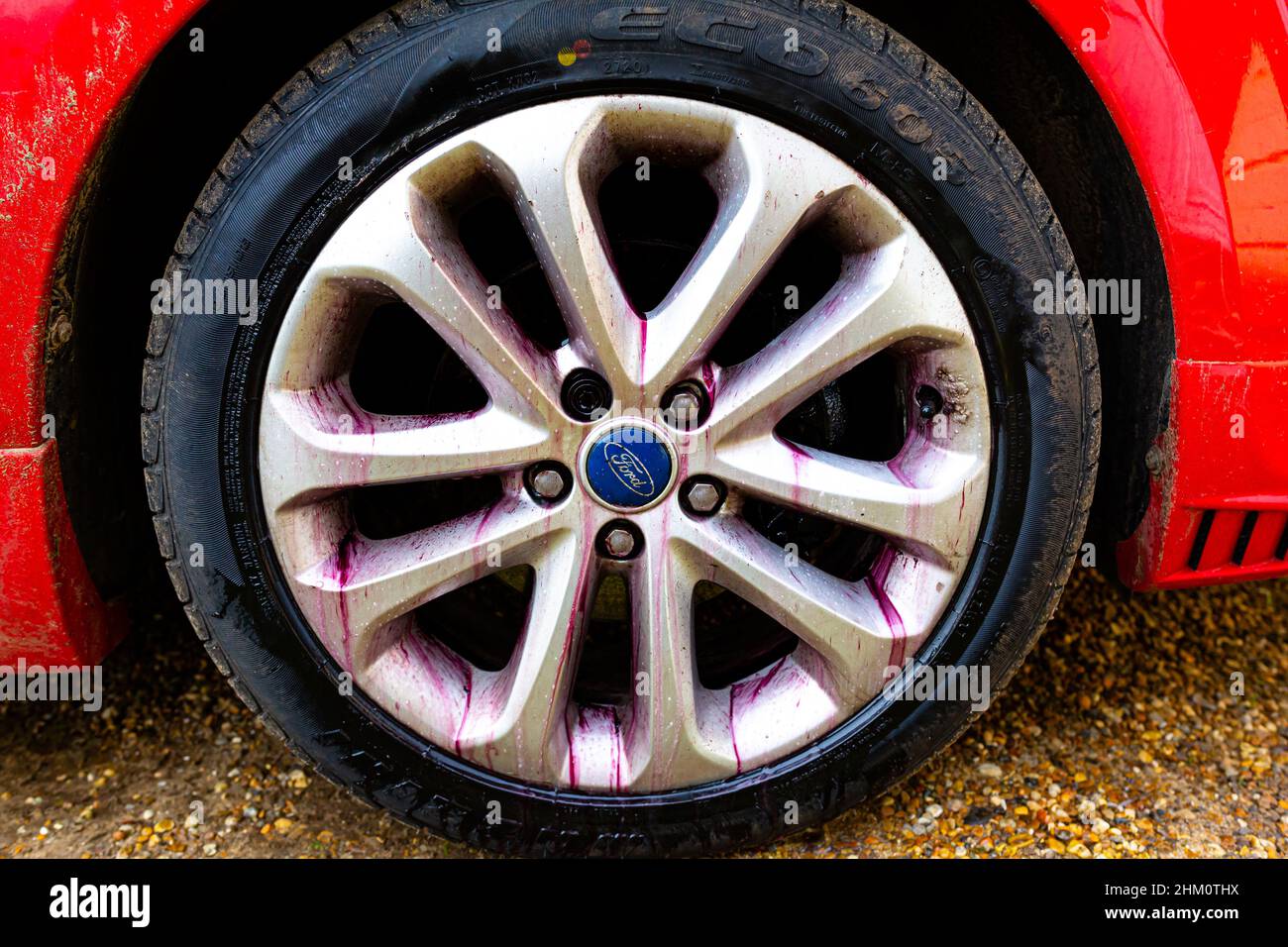 Woodbridge, Suffolk, UK February 24 2021: A closeup of a car wheel ...