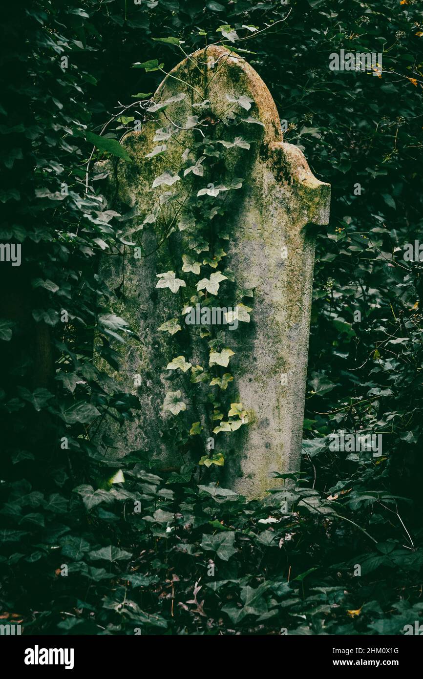 Dilapidated overgrown gravestone, Nunhead Cemetery, London, England, UK ...