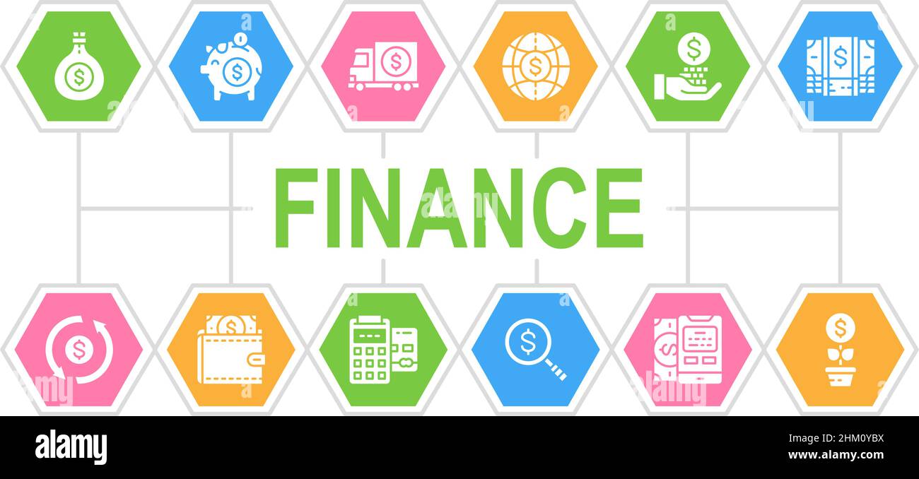 Money and Banking icons web banner. Credit Card, Currency Exchange, Atm ...