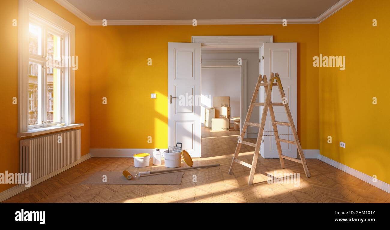 Renovation and modernization in a room with red wall and ladder and ...