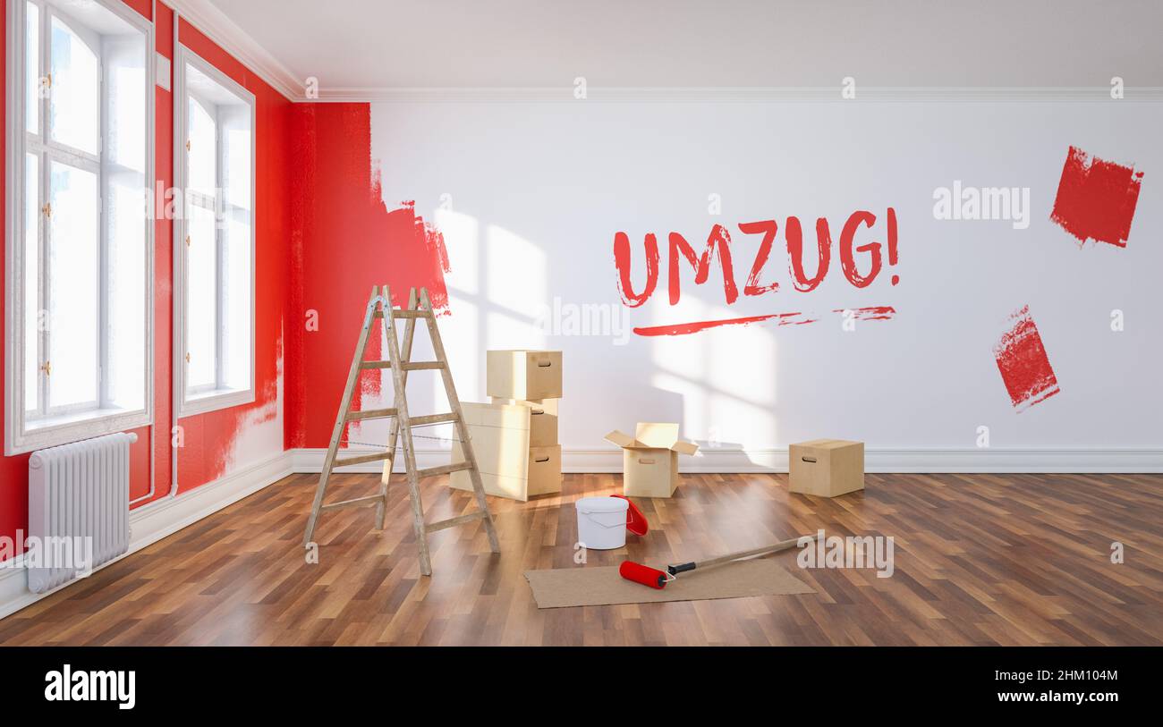 Umzug (German for: Relocation to a new apartment ) written on wall with ...