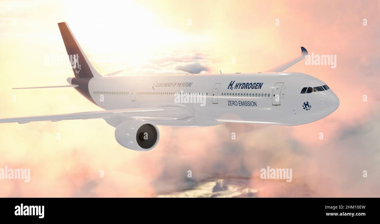Hydrogen filled H2 Airplane flying in the sky at sunrise - future H2 ...