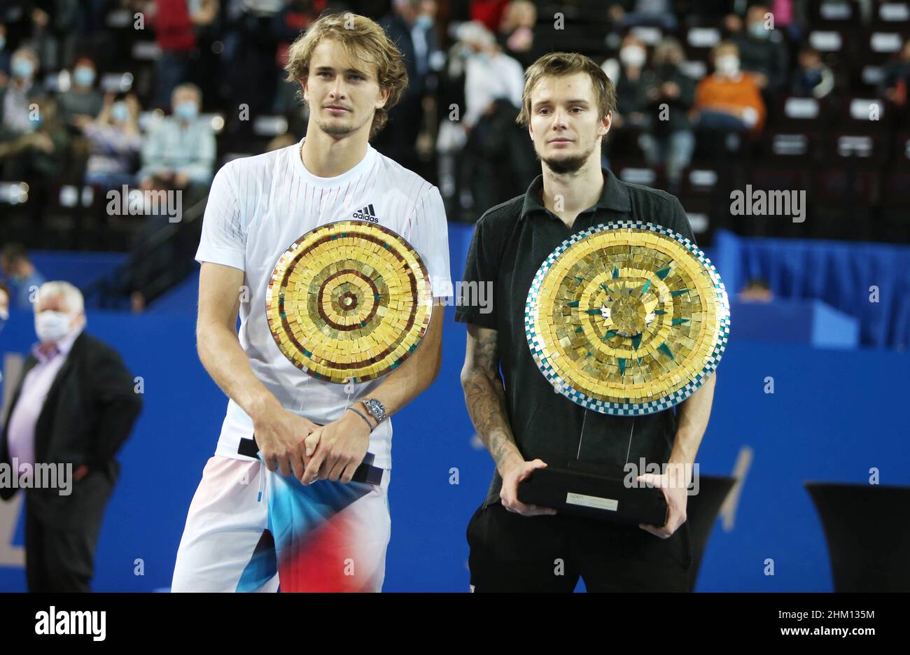 Montpellier, France. 06th Feb, 2022. Alexander Zverev of Germany with the runner-up trophy and ...