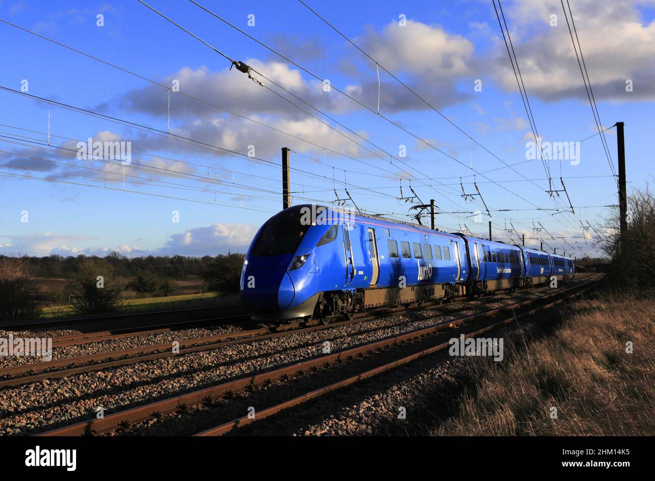 Lumo trains 803004 train, East Coast Main Line near Peterborough City ...