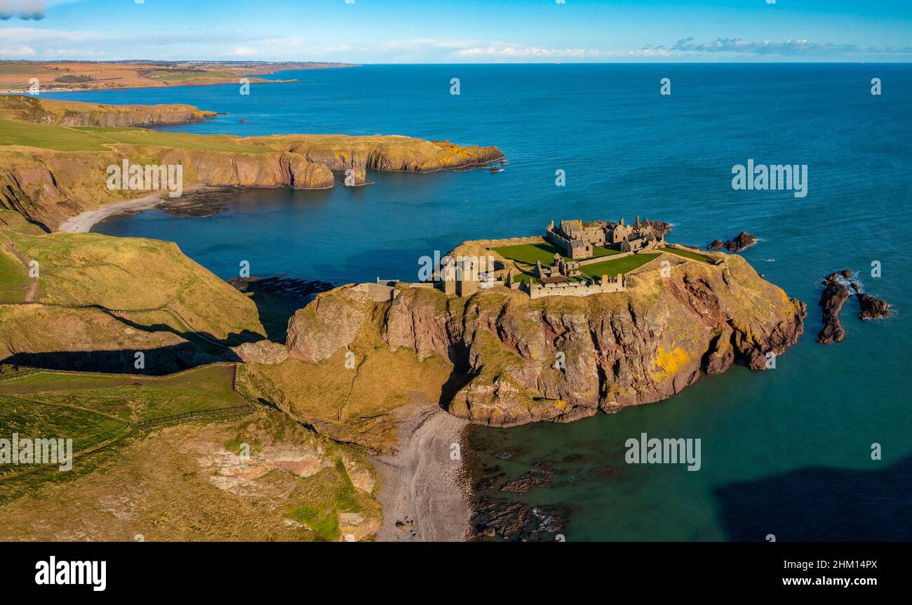 Aerial view from drone of Dunnottar Castle at Stonehaven, Aberdeenshire ...