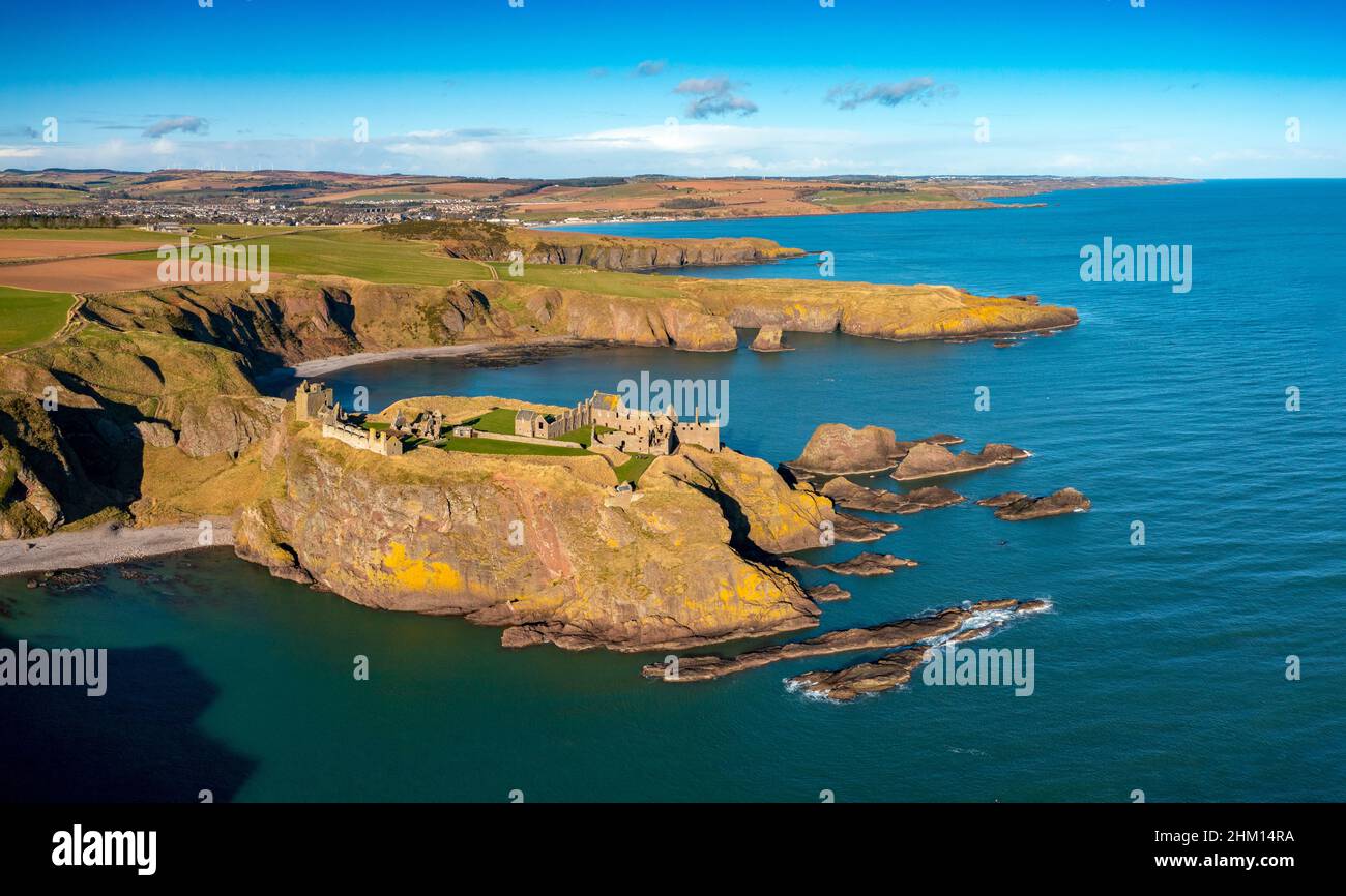Aerial view from drone of Dunnottar Castle at Stonehaven, Aberdeenshire ...