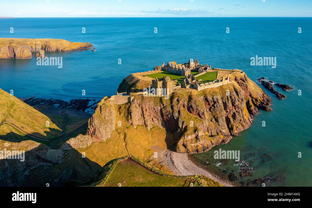 Aerial view from drone of Dunnottar Castle at Stonehaven, Aberdeenshire ...