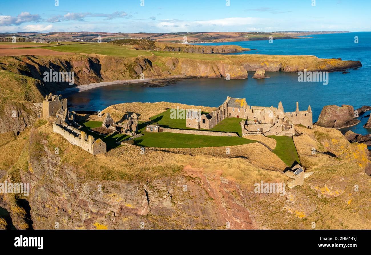 Aerial view from drone of Dunnottar Castle at Stonehaven, Aberdeenshire ...
