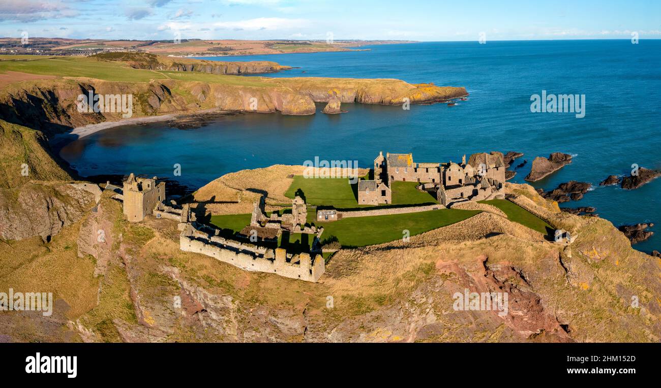 Aerial view from drone of Dunnottar Castle at Stonehaven, Aberdeenshire ...