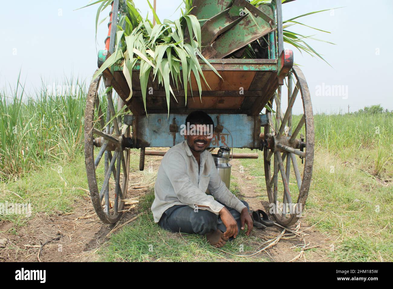 A farmer resting under his cart during a hard day’s work at a rural ...