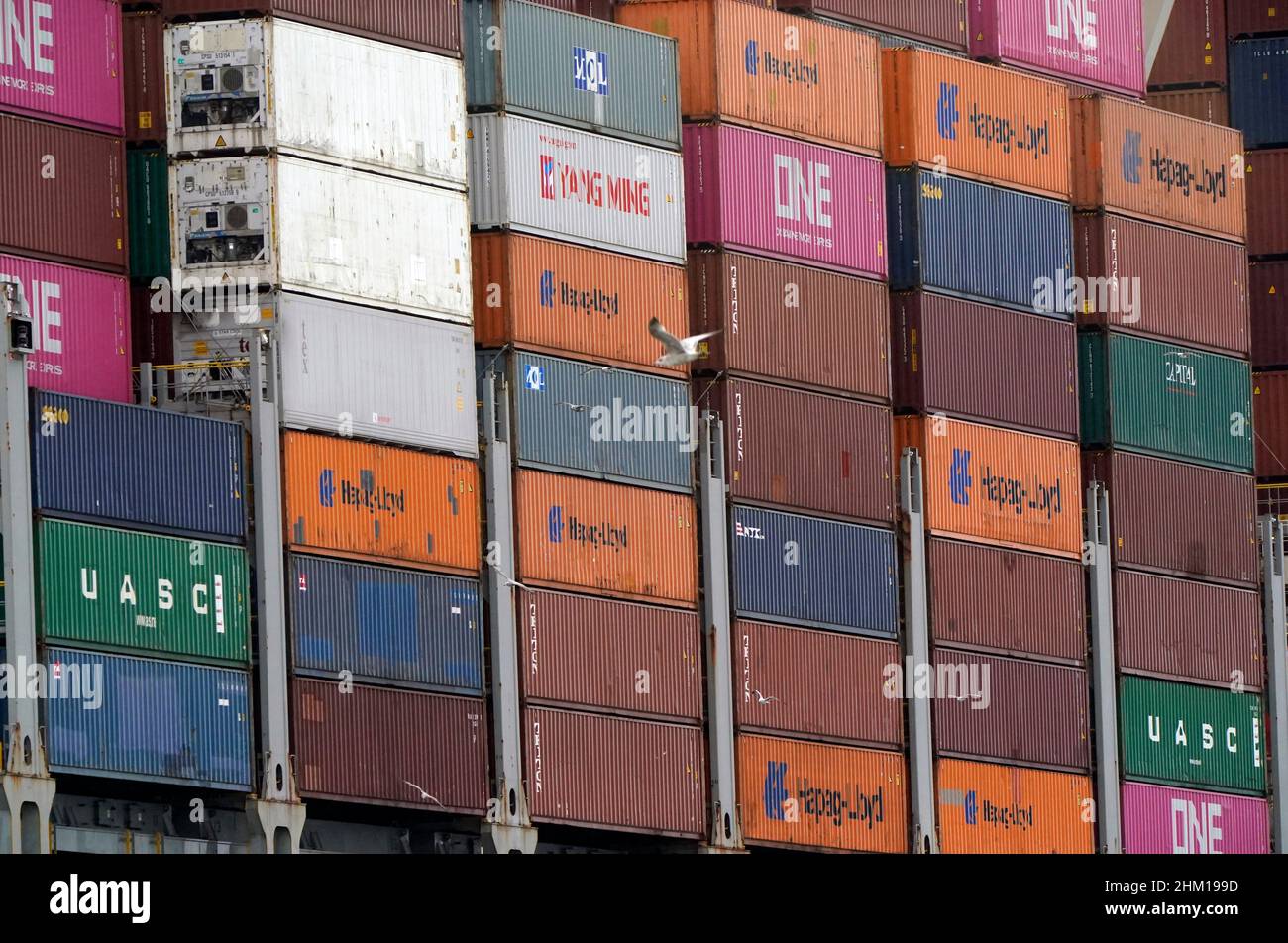 General view of shipping containers seen onboard the container ship MOL ...