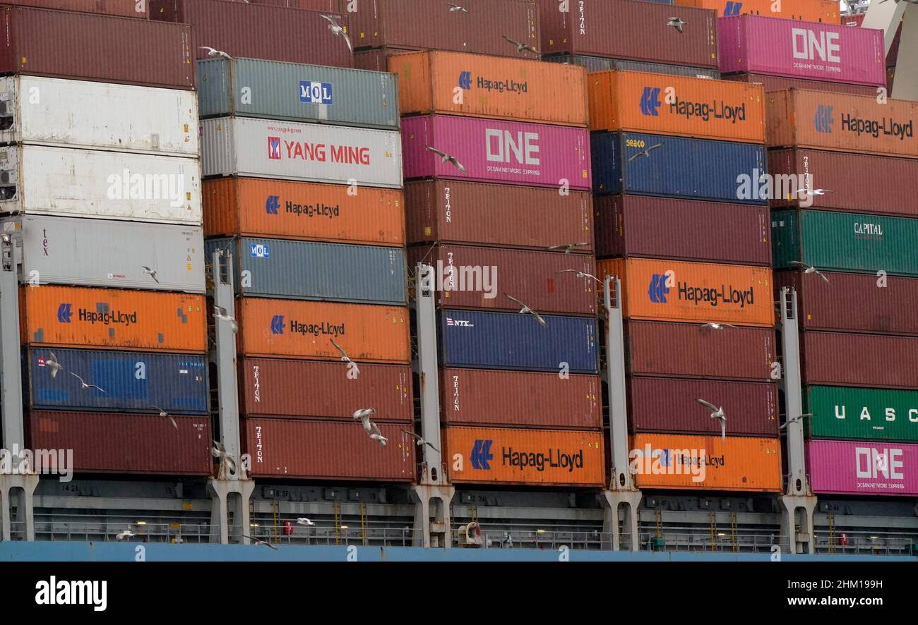 General view of shipping containers seen onboard the container ship MOL ...