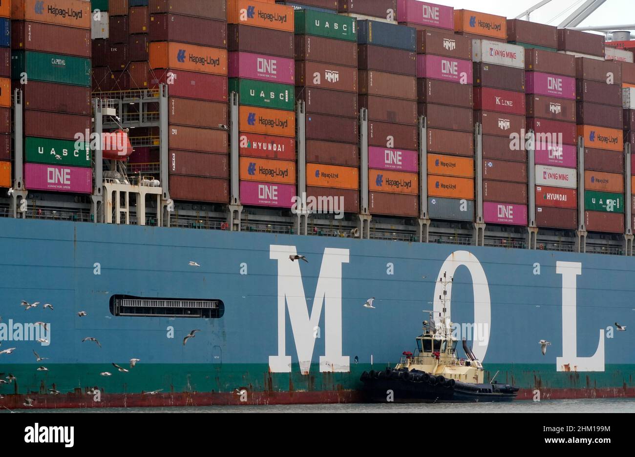 General view of shipping containers seen onboard the container ship MOL ...
