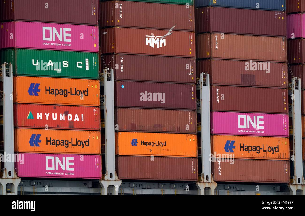 General view of shipping containers seen onboard the container ship MOL ...