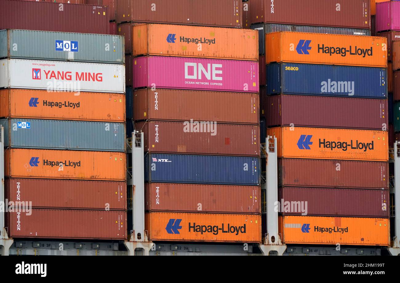 General view of shipping containers seen onboard the container ship MOL ...