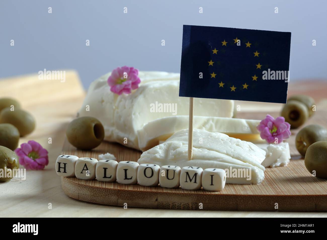 Traditional cheese called made in Cyprus, word HALLOUMI made of cubic ...