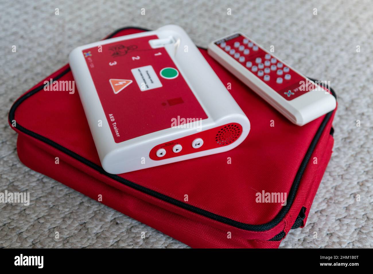 Hull, UK - 6 Feb 2022: Automated external defibrillator, AED machine. A ...