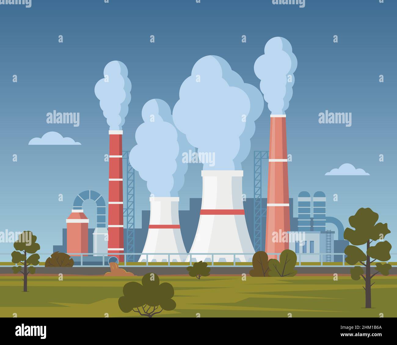 Highly polluting factory plant with smoking towers and pipes. Carbon ...