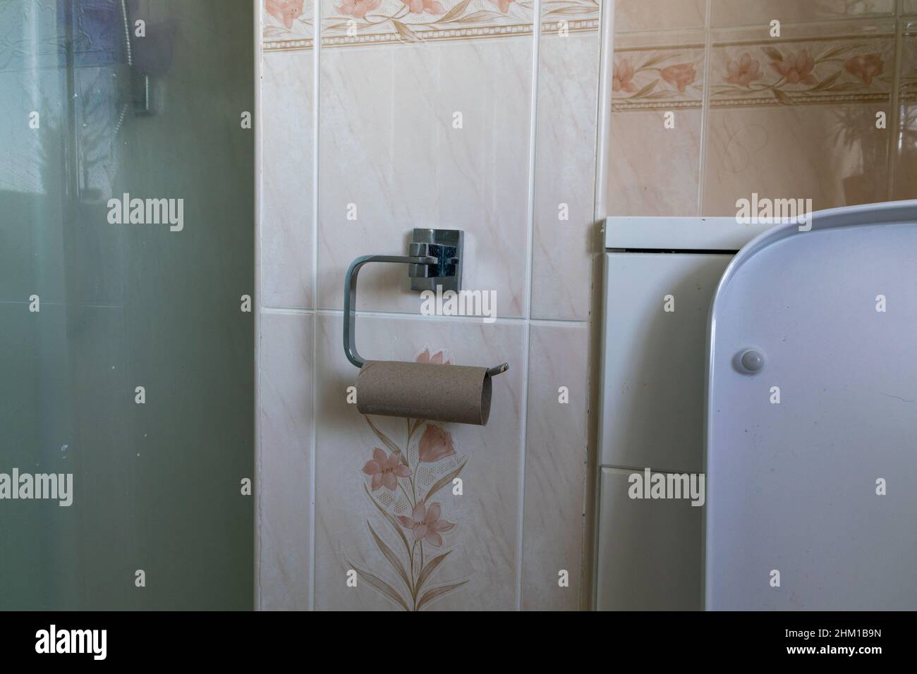 Empty Toilet roll cardboard tube on metal loo roll holder Stock Photo ...