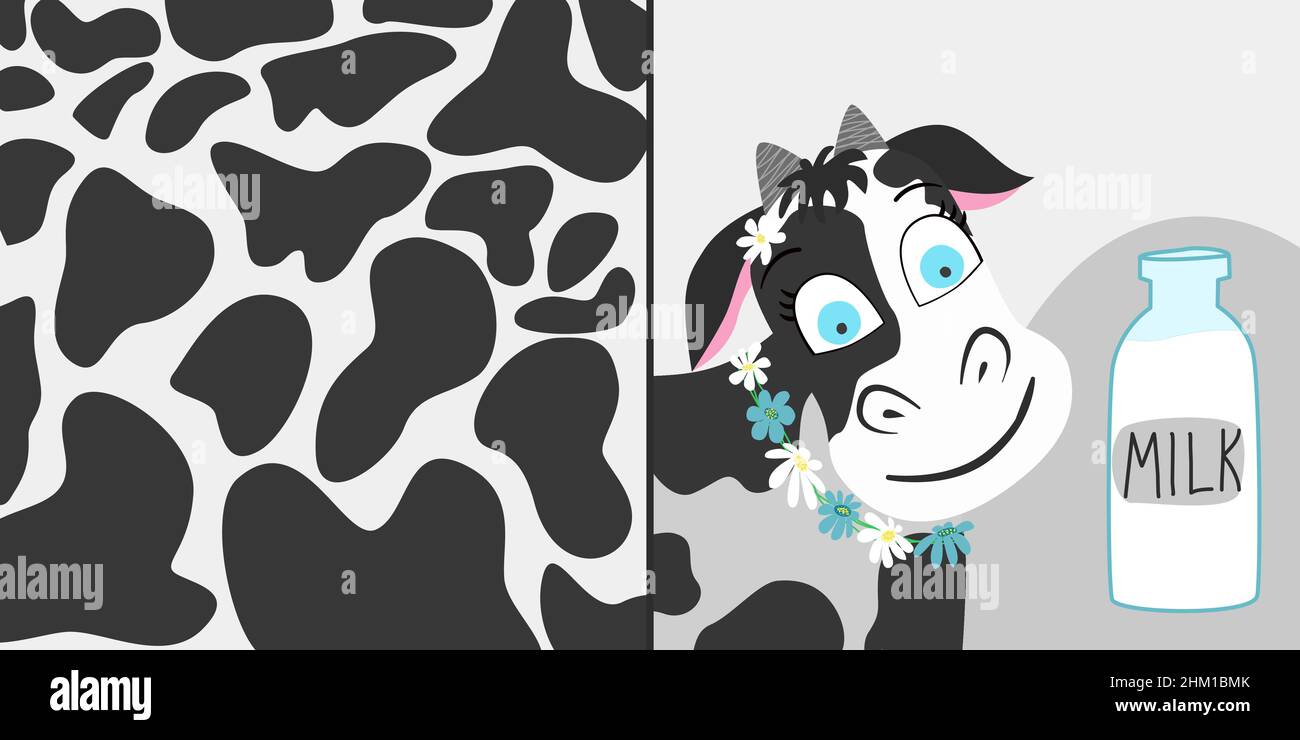 Cow cute vector character. Double sided flyer template. Cow skin, milk ...