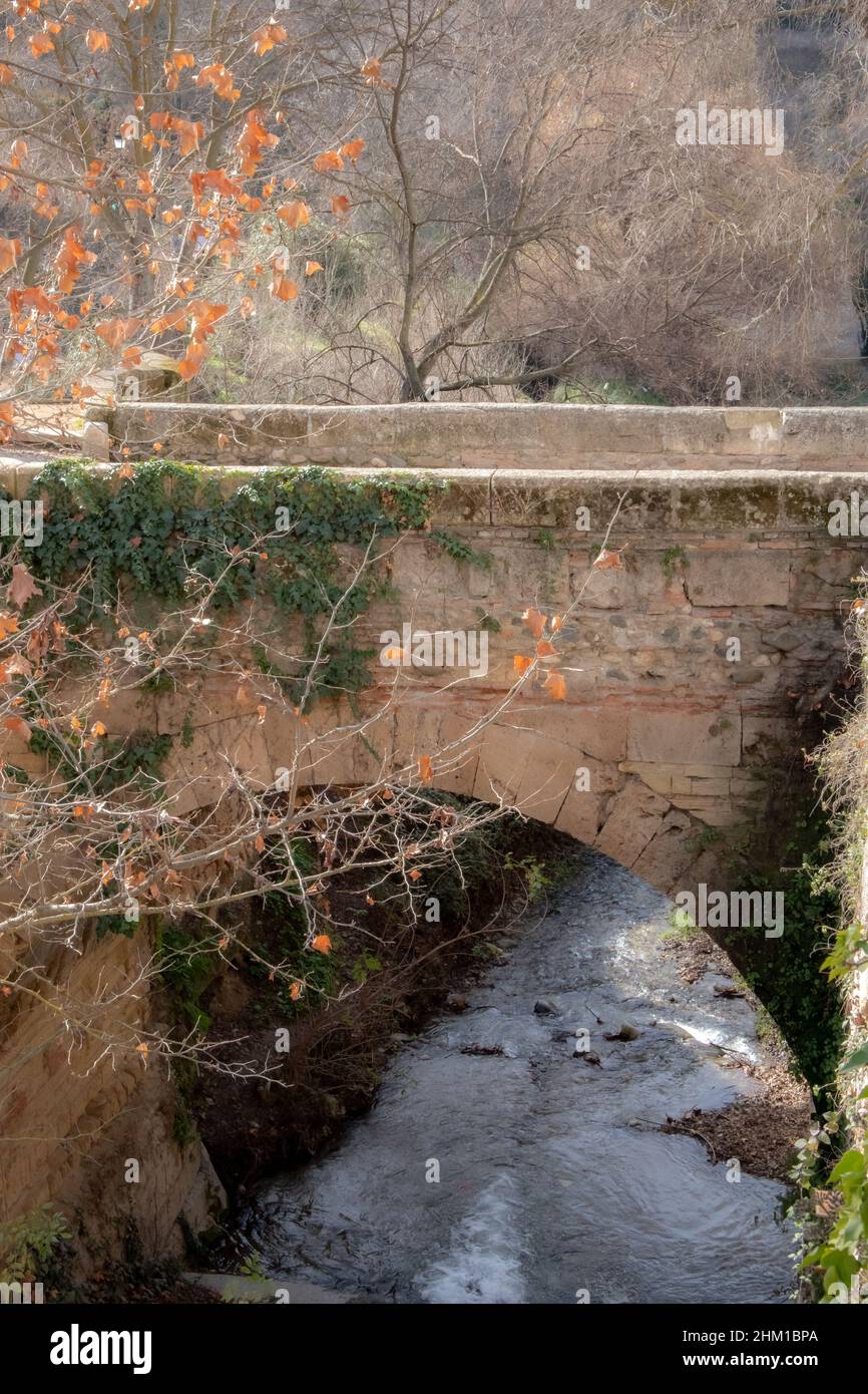 The Darro River on its way through Granada with a bridge Stock Photo ...