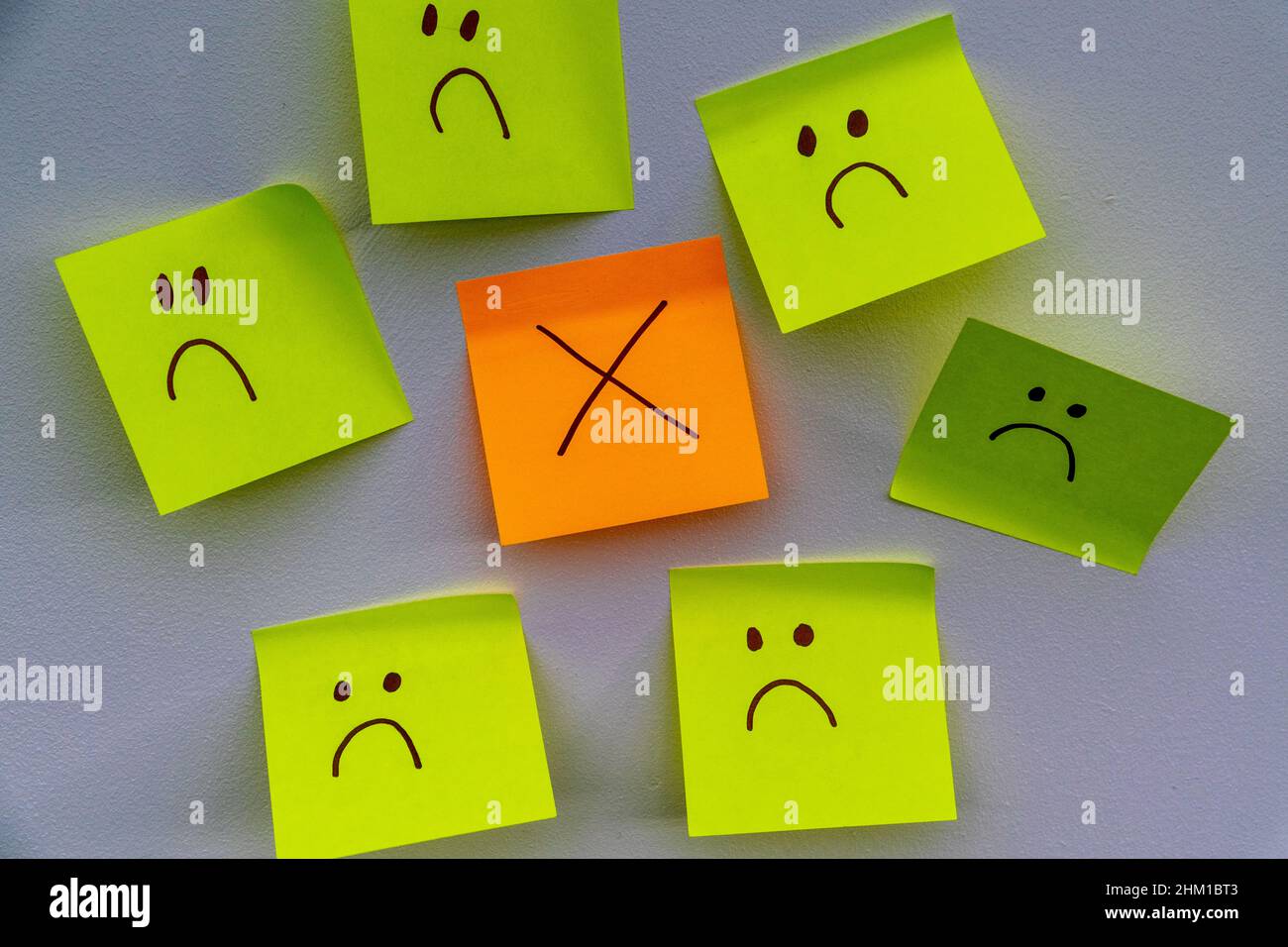 Cross hand wrote on post-it note in the middle of lots of sad faces ...