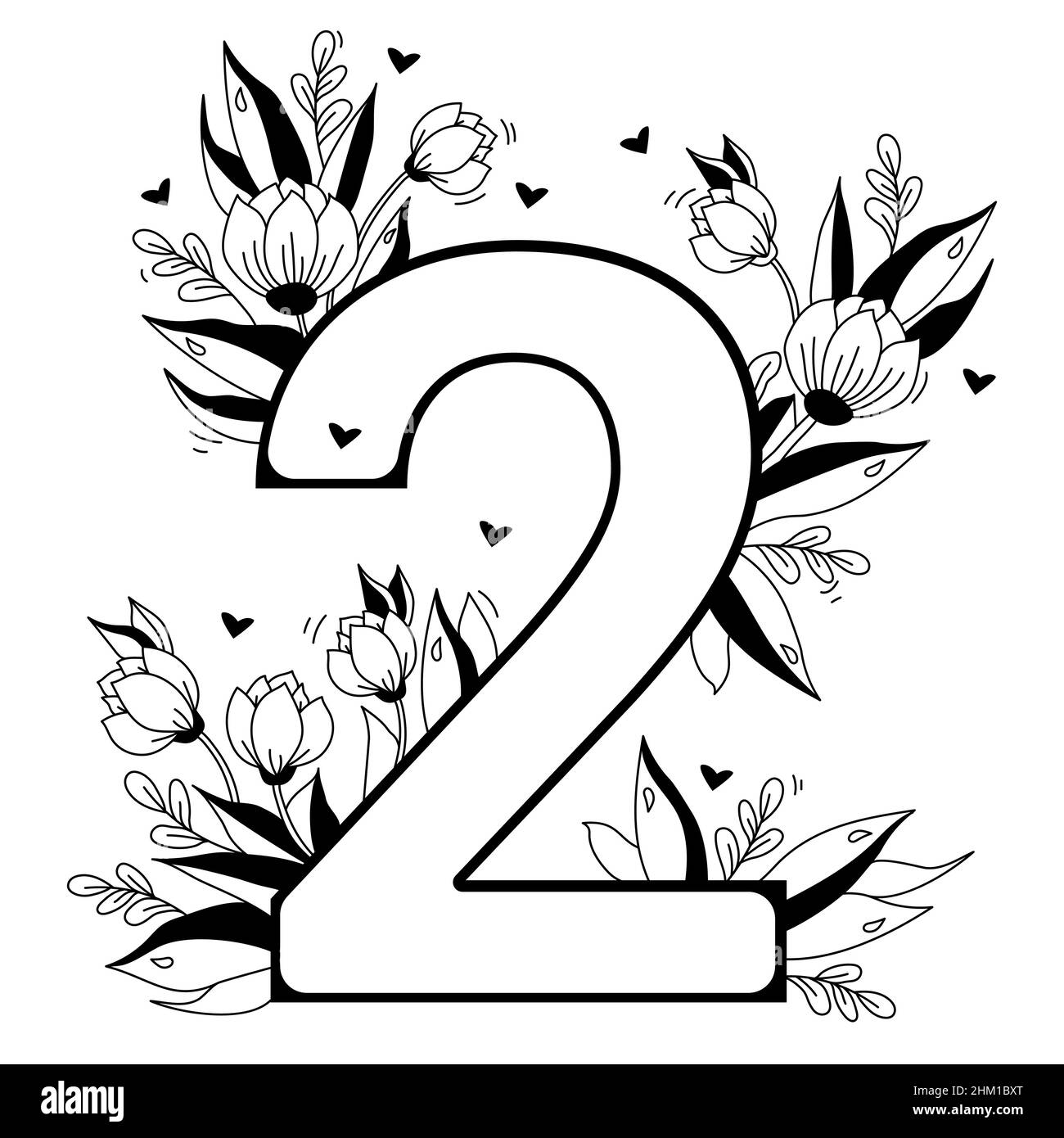 Flower number. Decorative floral pattern numbers two. Big 2 with ...
