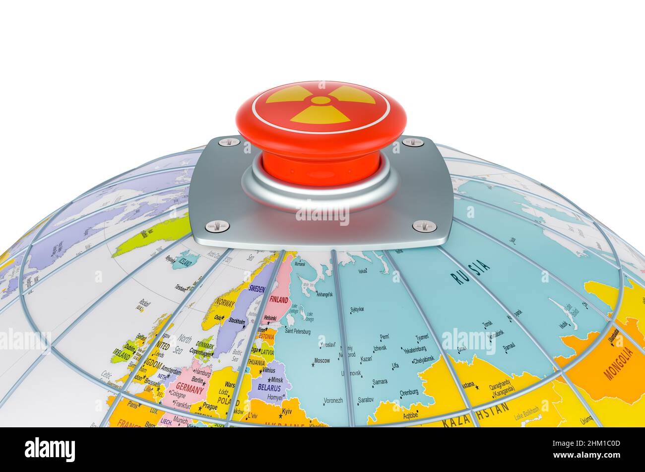Global Nuclear Threat concept. Nuclear red button on the Earth Globe ...