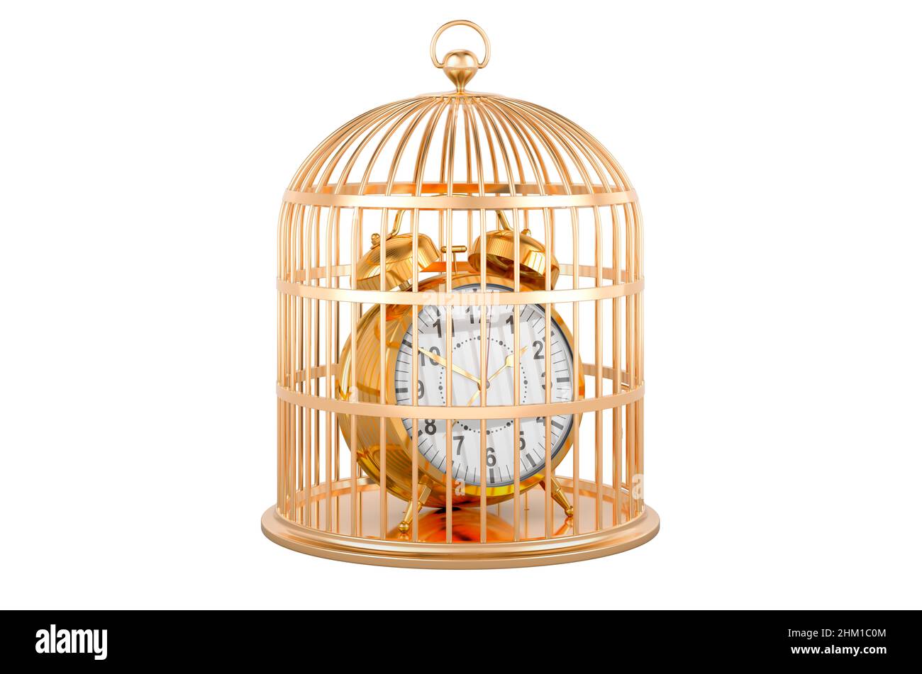 Birdcage with alarm clock inside, 3D rendering isolated on white ...
