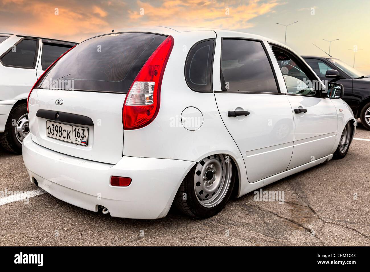 Samara, Russia - May 19, 2018: Tuned Lada Kalina lowered suspension ...