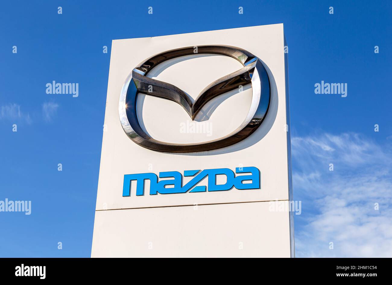 Moscow, Russia - April 20, 2019: Official dealership sign Mazda against ...