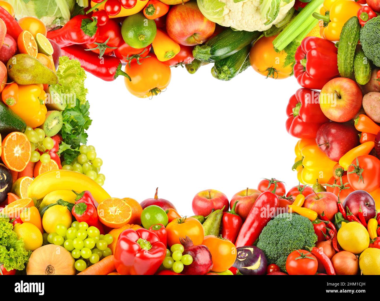 Rectangular composition fresh ripe vegetables and fruits isolated on ...