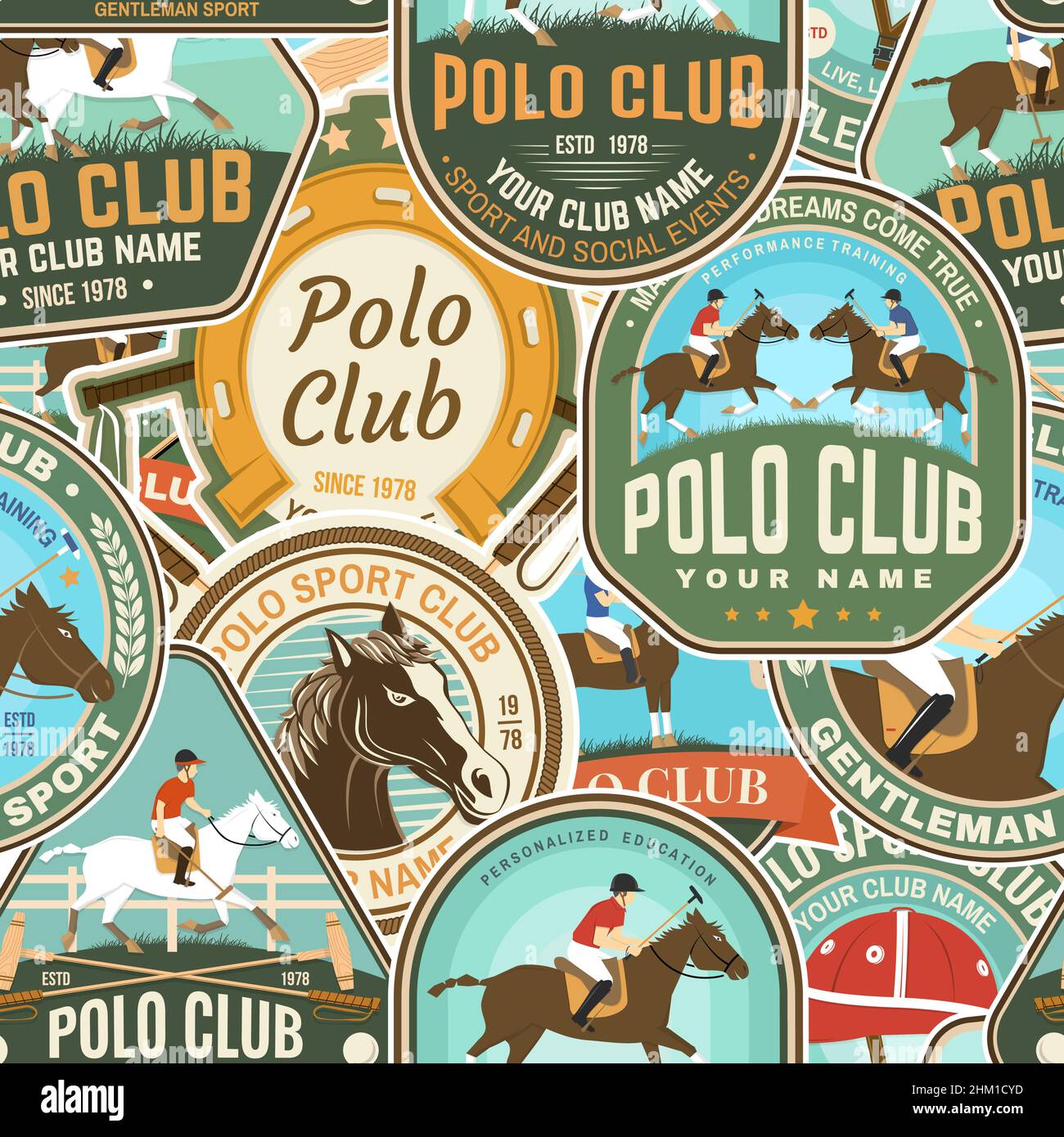 Polo sport club patches seamless pattern. Vector. Color equestrian ...