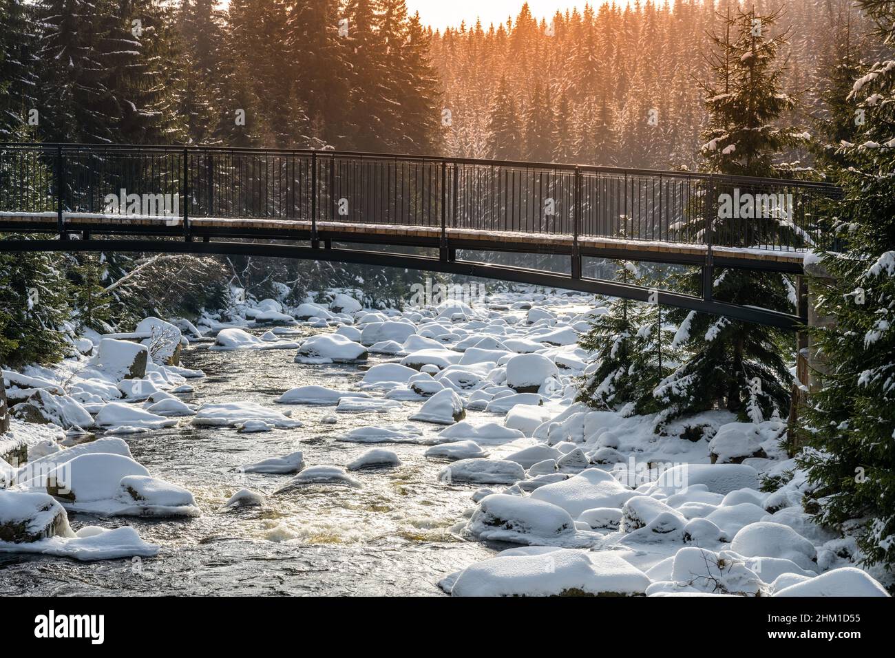 Pedestrian broder bridge over Jizera River in winter Stock Photo - Alamy
